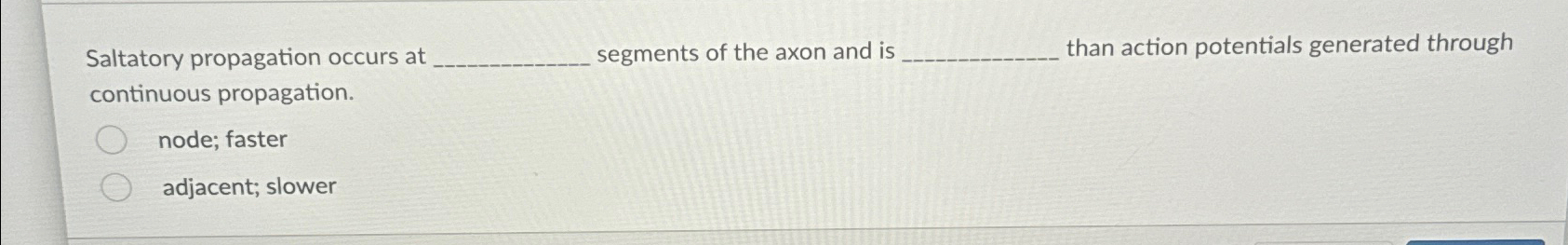 Solved Saltatory propagation occurs at segments of the axon | Chegg.com