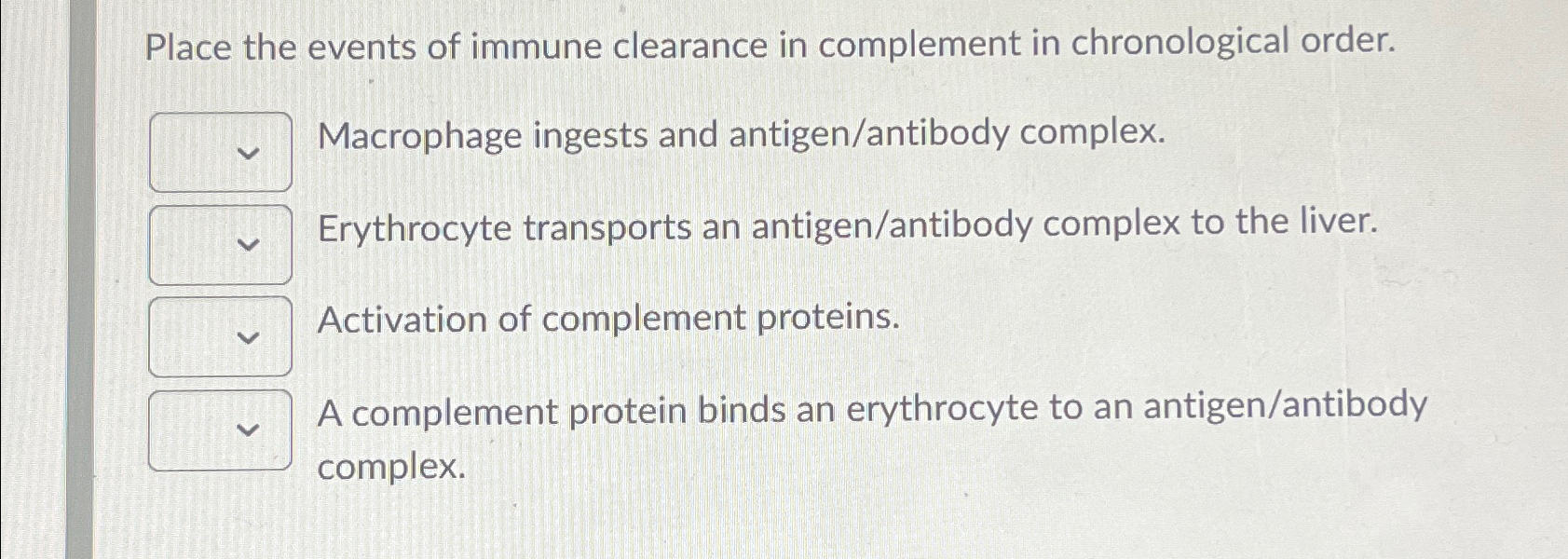Solved Place the events of immune clearance in complement in | Chegg.com