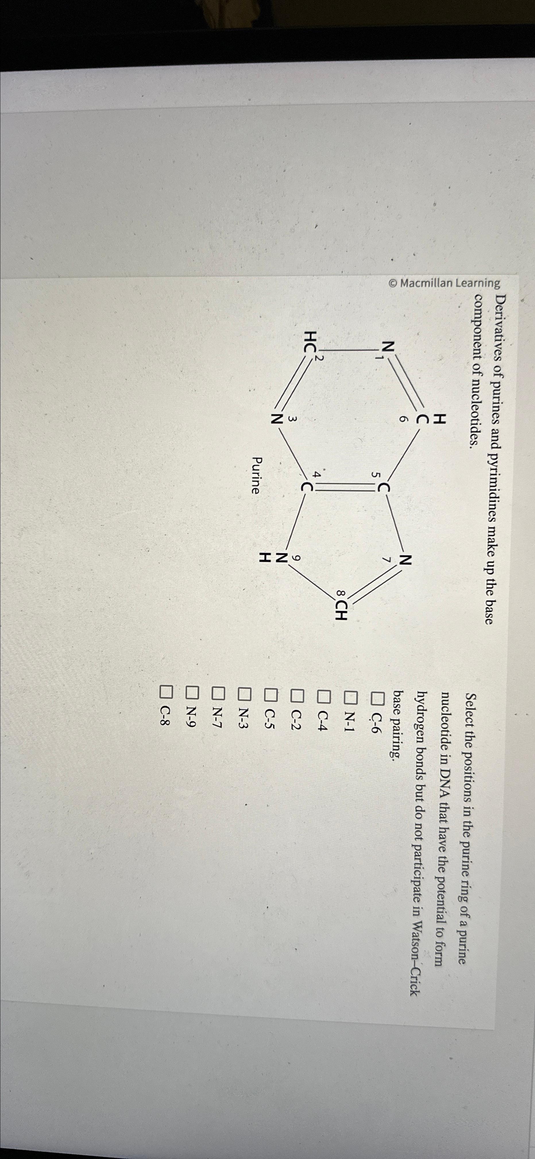 Solved Select the positions in the purine ring of a purine | Chegg.com