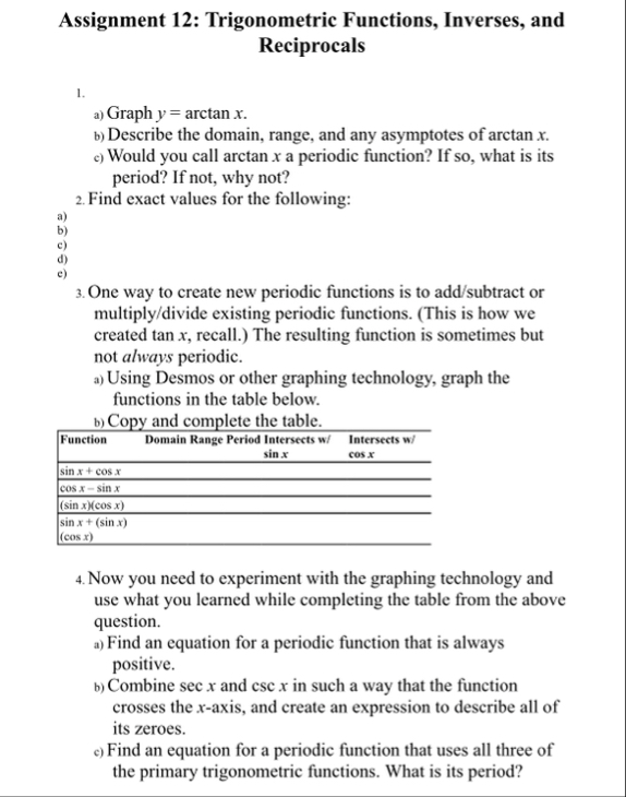 Assignment 12: Trigonometric Functions, Inverses, and | Chegg.com