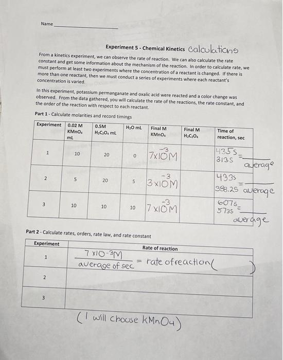 Solved Experiment 5 - Chemical Kinetics Calculatichs From a | Chegg.com