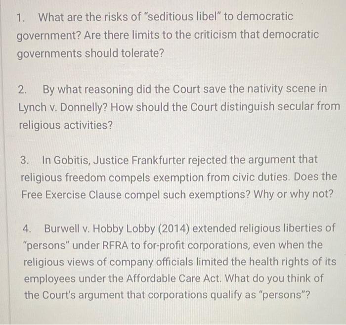 Solved 1. What are the risks of "seditious libel" to | Chegg.com