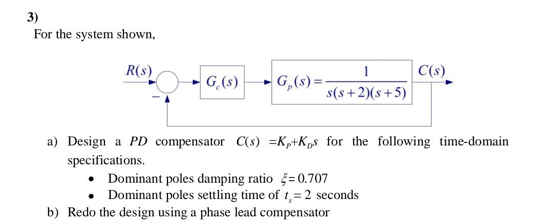 Solved 3) For the system shown, a) Design a PD compensator | Chegg.com