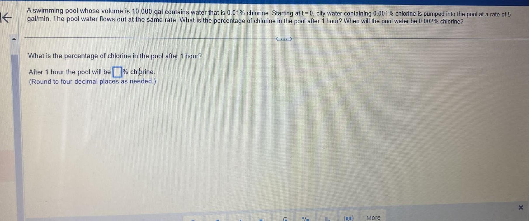 Solved A swimming pool whose volume is 10,000 gal contains | Chegg.com