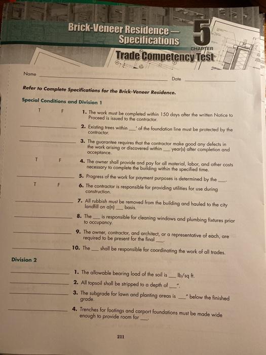 Brick-Veneer Residence Specifications Trade | Chegg.com