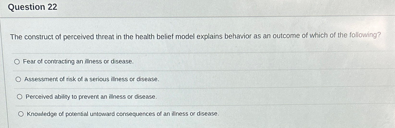 Solved Question 22The construct of perceived threat in the | Chegg.com