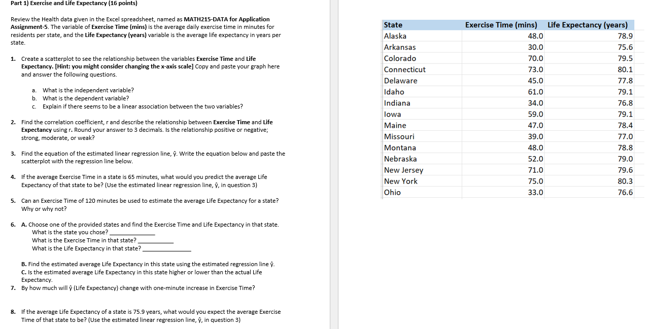 Solved Part 1) ﻿Exercise and Life Expectancy (16 | Chegg.com