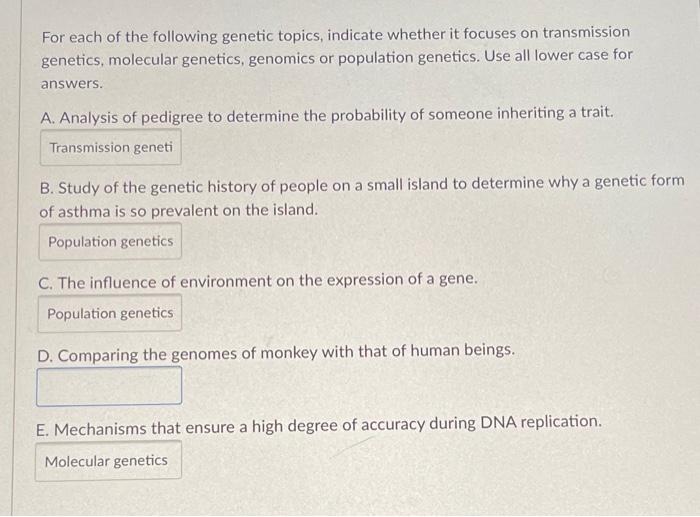 Solved For each of the following genetic topics, indicate | Chegg.com