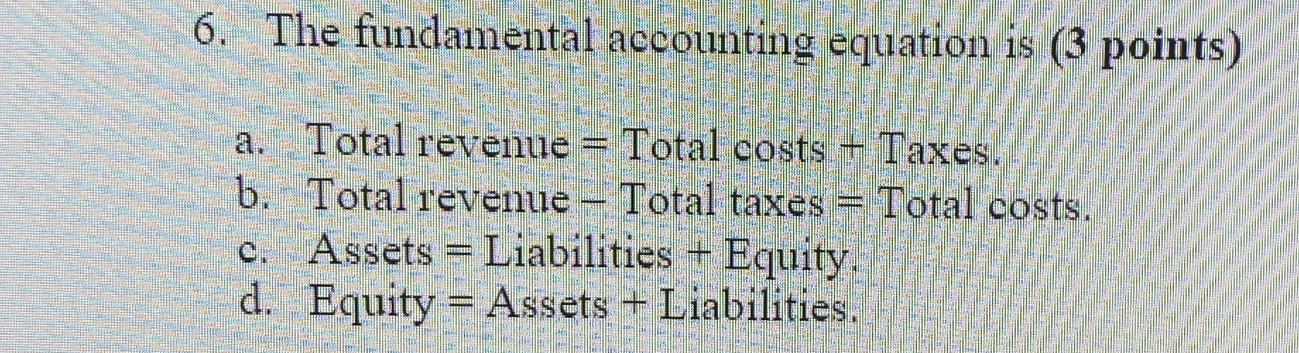 Solved The fundamental accounting equation is (3 ﻿points)a. | Chegg.com