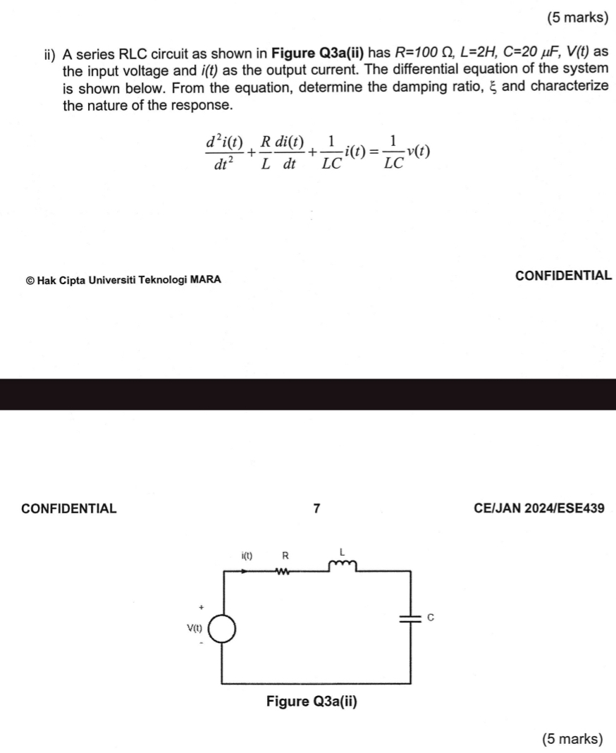 Solved (5 ﻿marks)ii) ﻿A series RLC circuit as shown in | Chegg.com