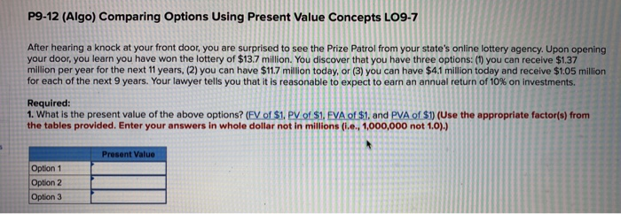 Solved P9-12 (Algo) Comparing Options Using Present Value | Chegg.com