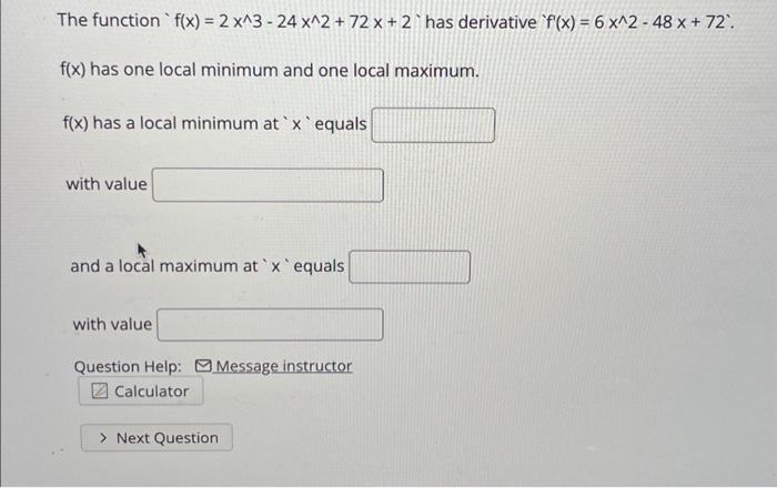 Solved The function ‘f(x)=2x∧3−24x∧2+72x+2‘ has derivative | Chegg.com