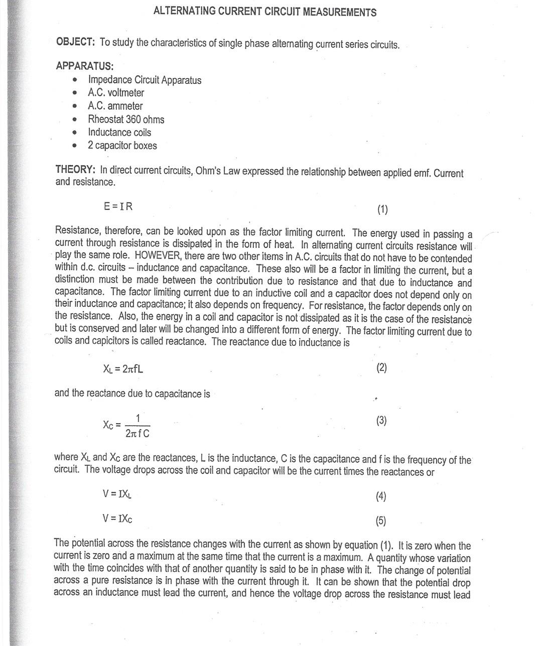 Solved ALTERNATING CURRENT CIRCUIT MEASUREMENTS OBJECT: To | Chegg.com