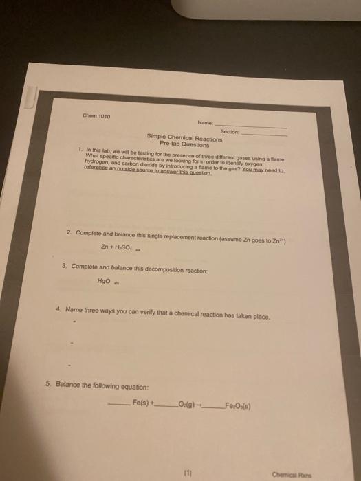 Solved Chem 1010 Name Section Simple Chemical Reactions | Chegg.com
