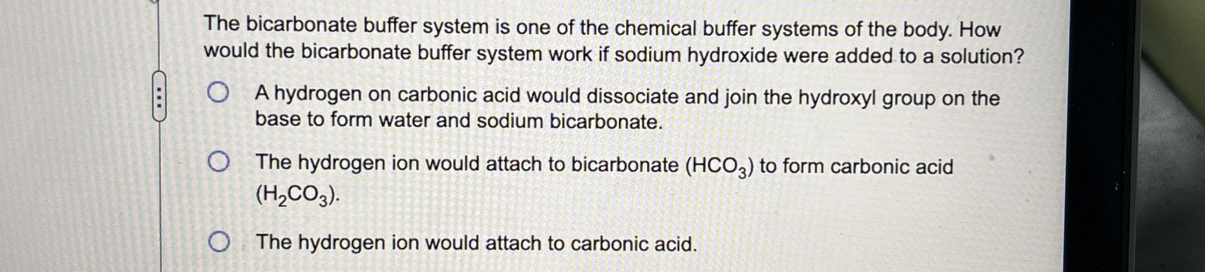 Solved The bicarbonate buffer system is one of the chemical | Chegg.com
