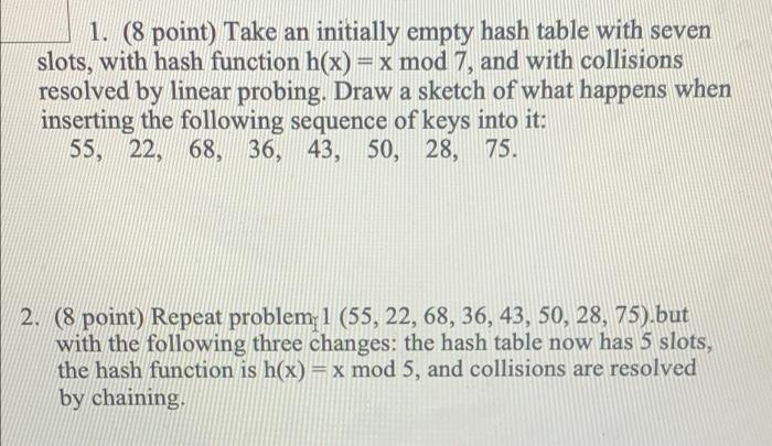Solved 1. (8 point) Take an initially empty hash table with | Chegg.com