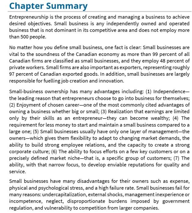 Solved Chapter Summary Entrepreneurship is the process of | Chegg.com