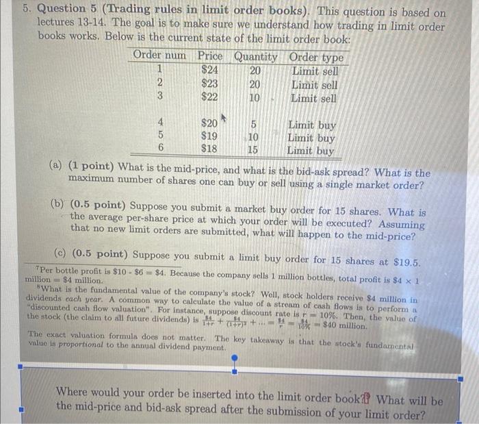 Solved Question 5 (Trading rules in limit order books). This | Chegg.com