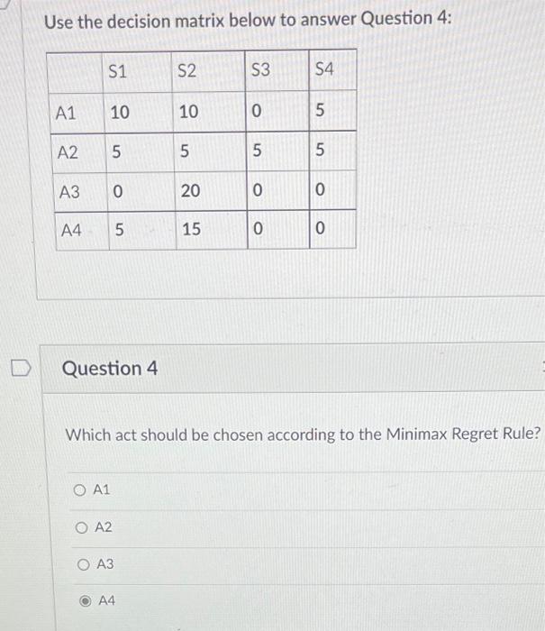 Solved Use the decision matrix below to answer Question 4: | Chegg.com