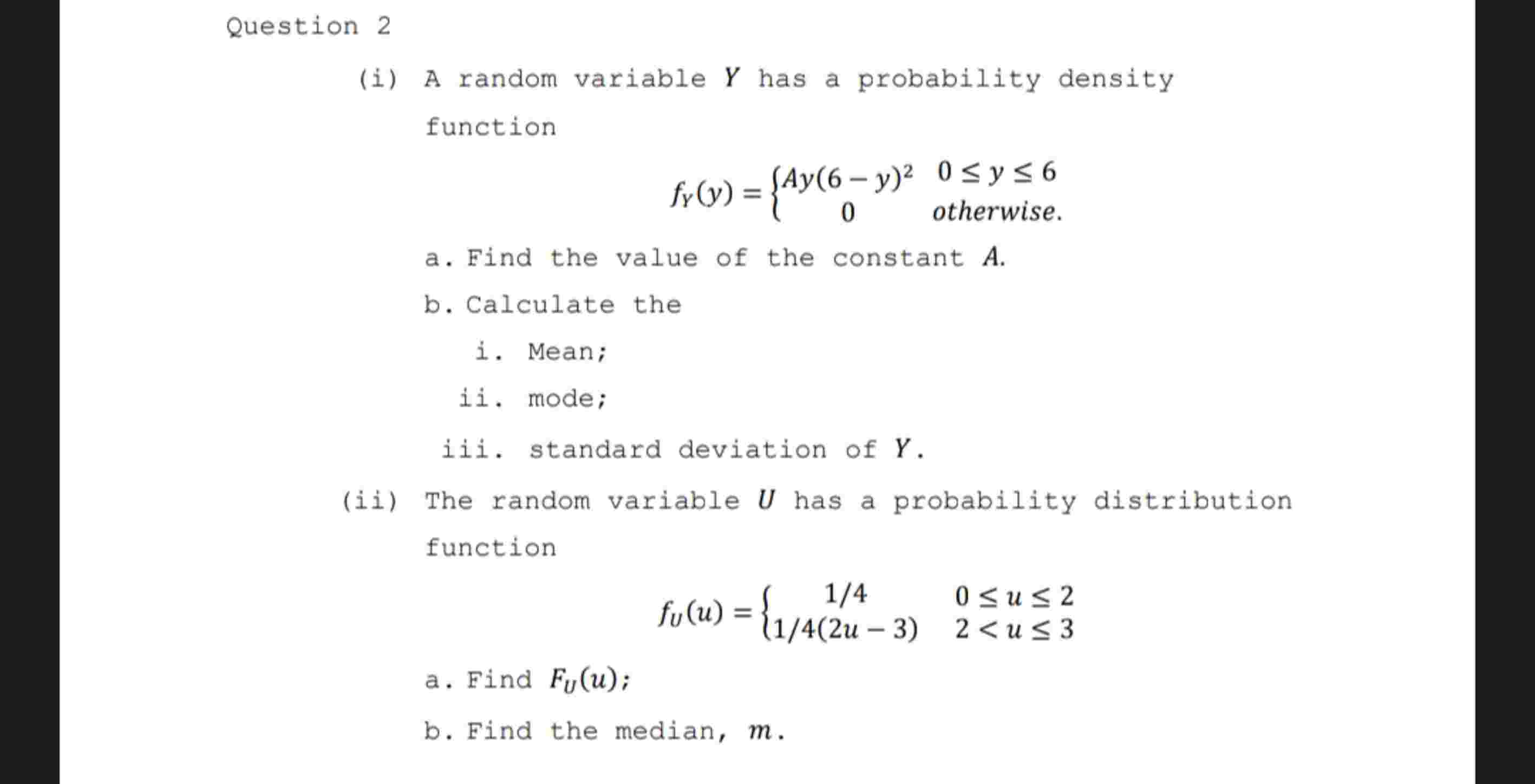 Question 2(i) ﻿A random variable Y ﻿has a probability | Chegg.com