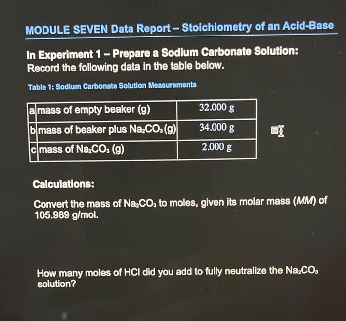 Solved Calculations: Convert the mass of NaCl to moles, | Chegg.com