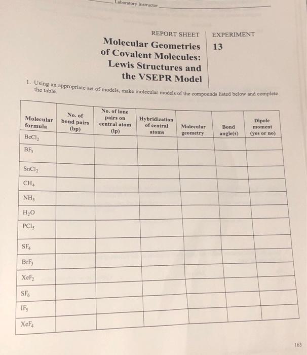 Solved Laboratory Instructor EXPERIMENT 13 REPORT SHEET | Chegg.com