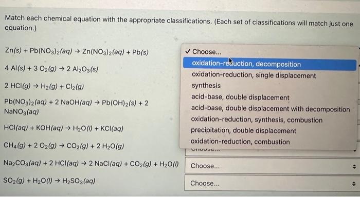 Solved Match each chemical equation with the appropriate | Chegg.com
