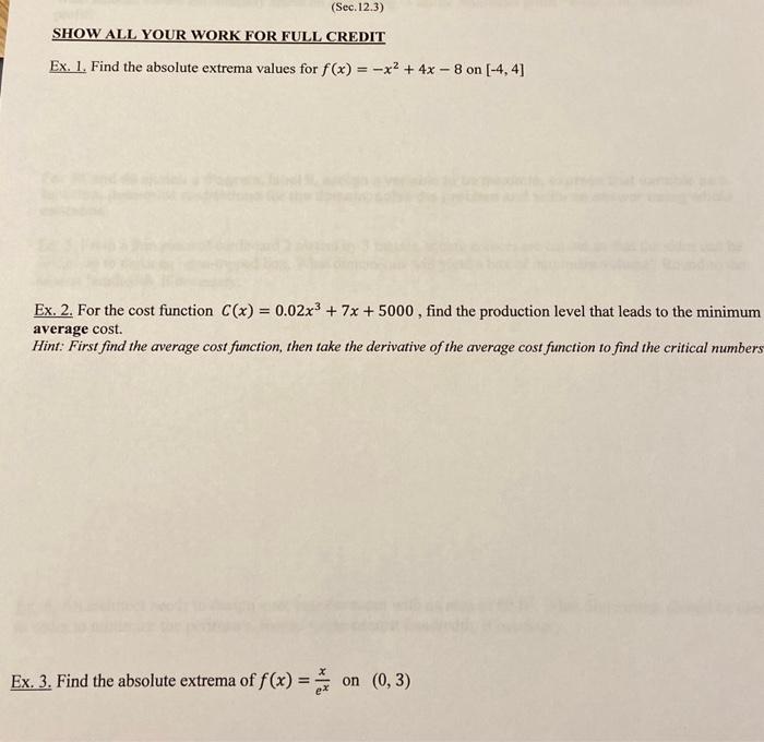 Solved Ex. 1. Find the absolute extrema values for | Chegg.com