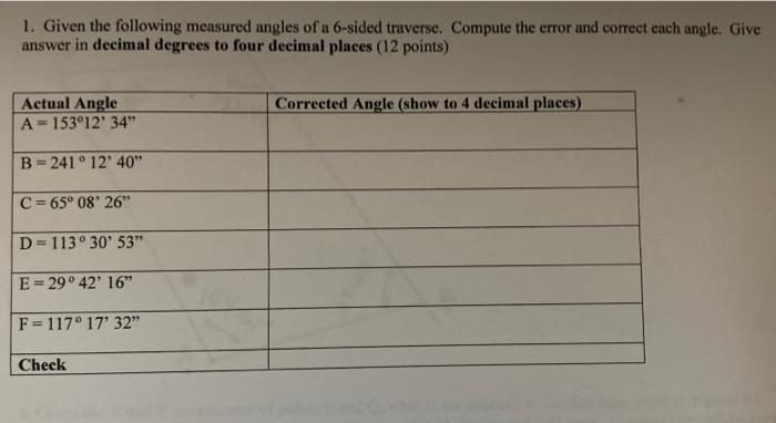 Solved 1. Given the following measured angles of a 6-sided | Chegg.com