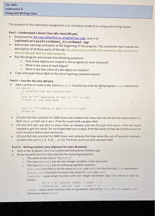 Solved CSC 260L Laboratory 4 Using and Writing Class . . . | Chegg.com