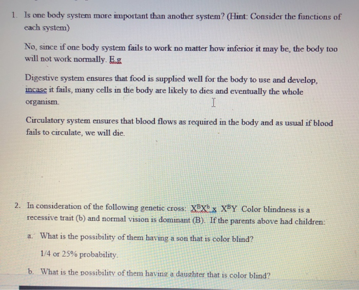 Solved 1. Is one body system more important than another | Chegg.com