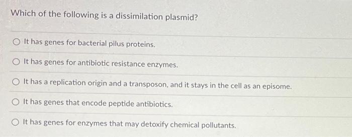 Solved Which of the following is a dissimilation plasmid? It | Chegg.com