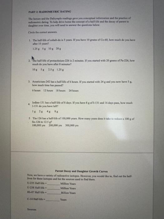 Solved PART 2: RADIOMETRIC DATING The lecture and the | Chegg.com
