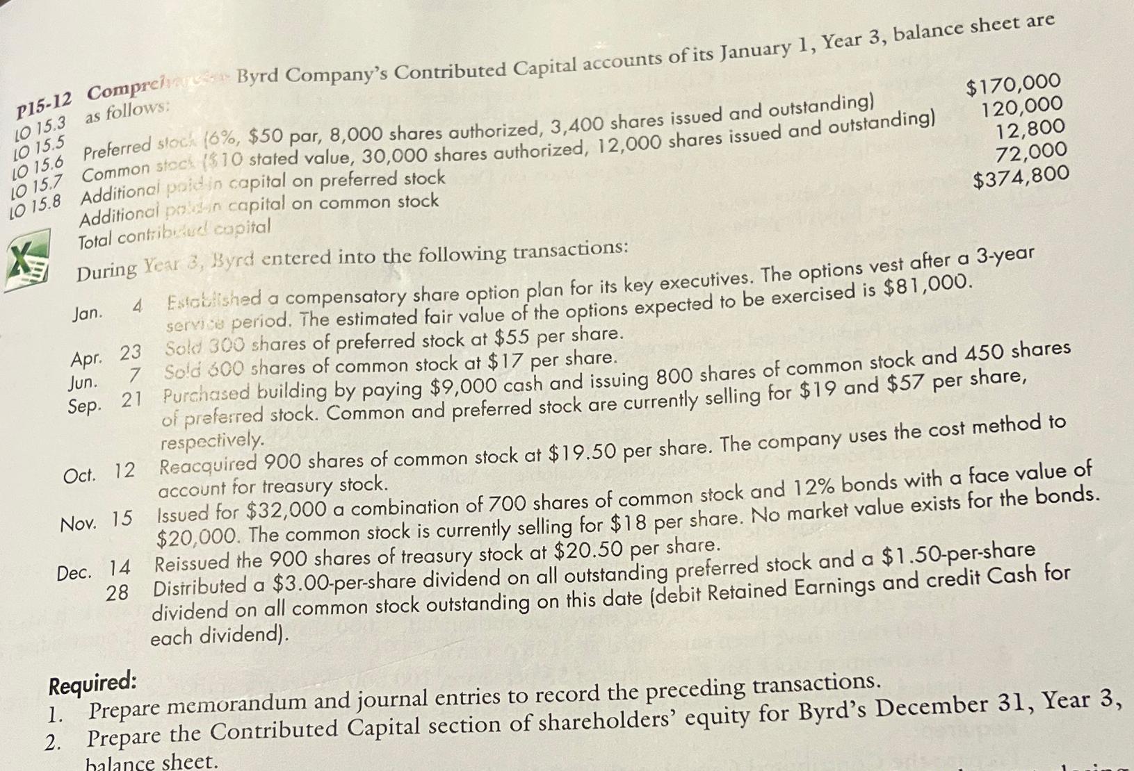 Solved P15-12 ﻿Comprei Byrd Company's Contributed Capital | Chegg.com