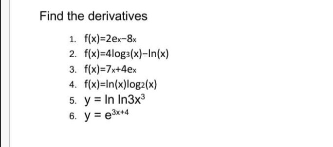 Solved Find the derivatives 1. f(x)=2ex-8x 2. | Chegg.com