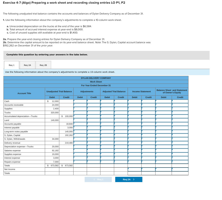 Solved Exercise 4-7 (Algo) ﻿Preparing a work sheet and | Chegg.com