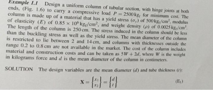 Solved Example 1.1 Design a uniform column of tubular | Chegg.com