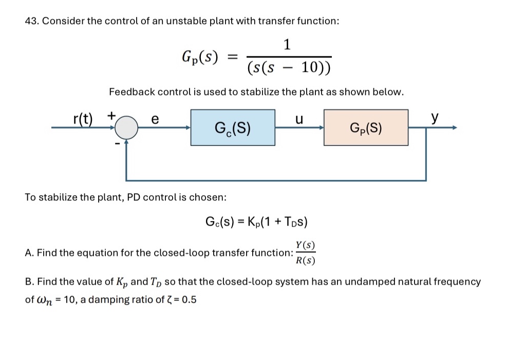 Solved Consider the control of an ﻿unstable plant with | Chegg.com