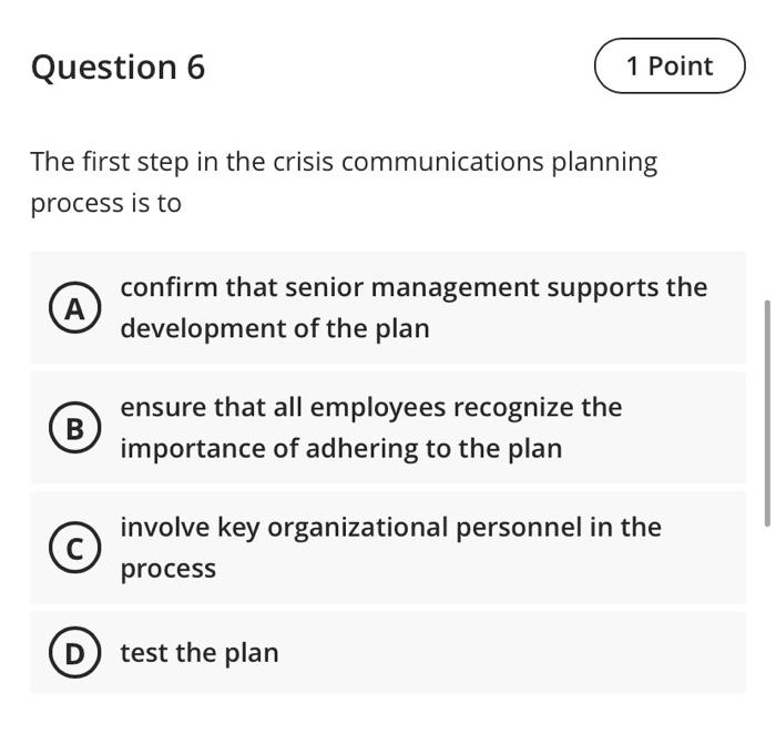 Solved Question 6 1 Point The first step in the crisis | Chegg.com