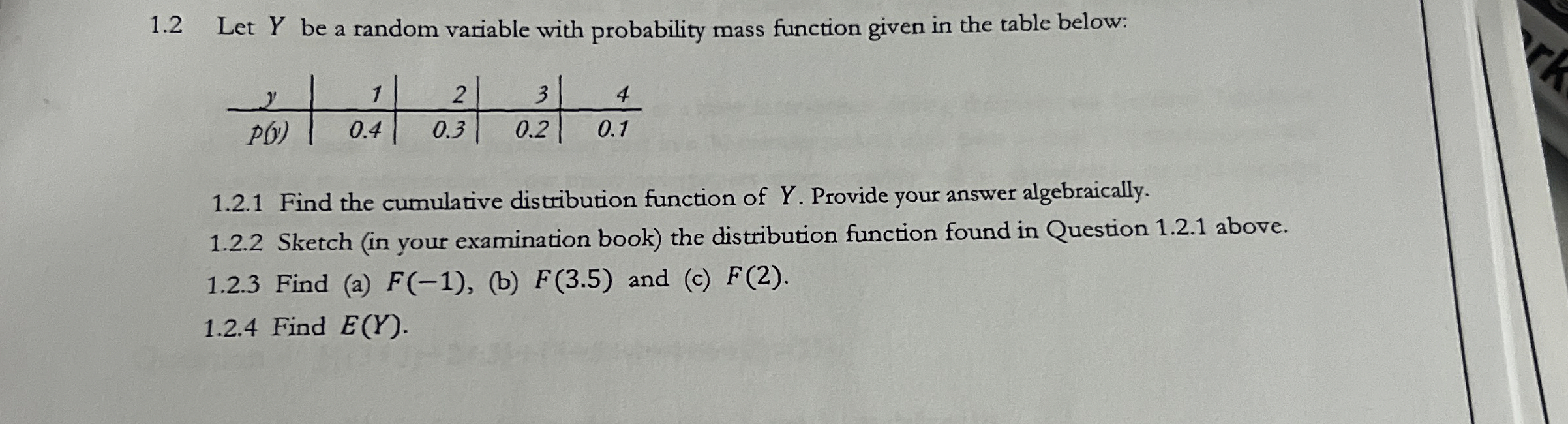 Solved 1.2 ﻿Let Y ﻿be a random variable with probability | Chegg.com