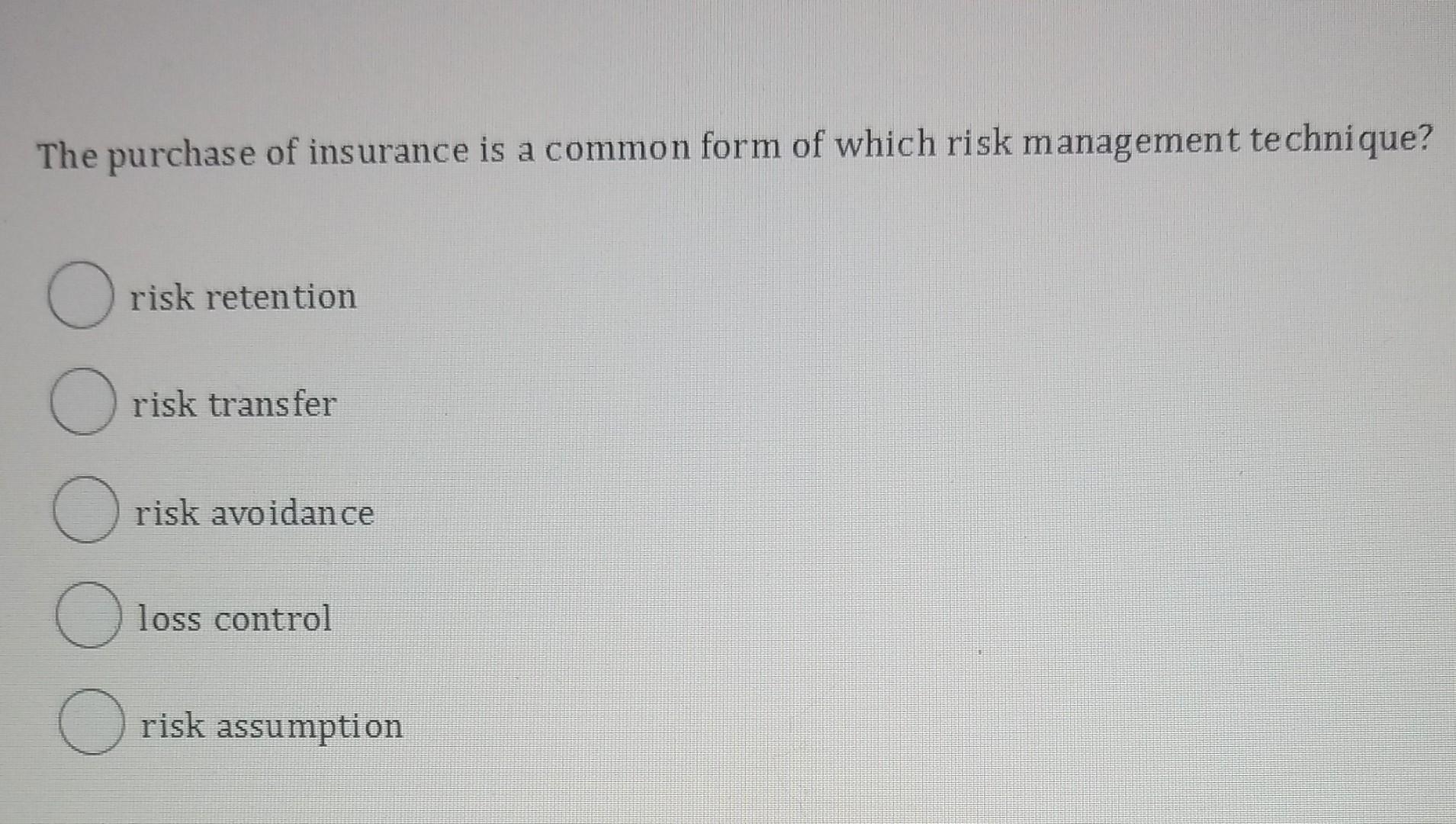Solved The purchase of insurance is a common form of which | Chegg.com