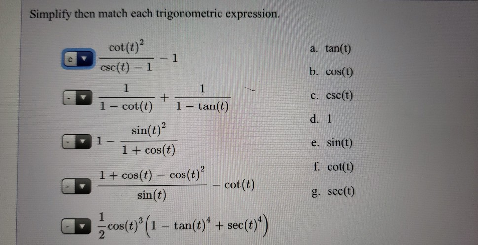 Solved Simplify then match each trigonometric expression. | Chegg.com