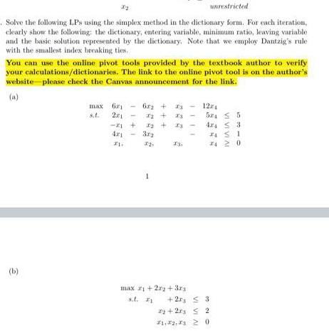 Solved trestricted Solve the following LPs using the simplex | Chegg.com