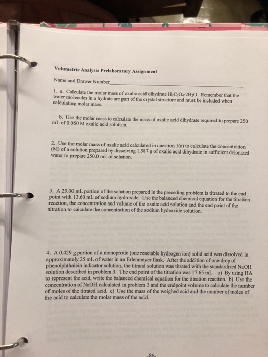 Solved Volumetrie Analysis Prelaboratory Assignment Name and | Chegg.com