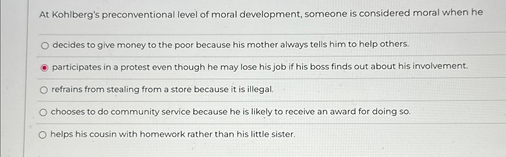 Solved At Kohlberg's preconventional level of moral | Chegg.com