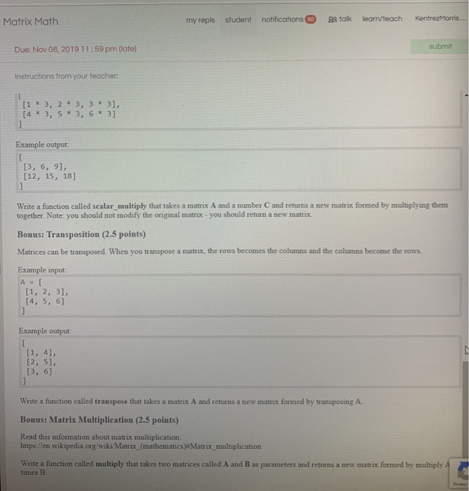 Solved Instructions From Your Teacher Matrix Math A Matrix Chegg Solved Instructions From Your Teacher Matrix Math A Matrix Chegg