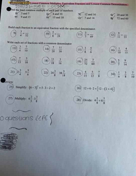 Solved Homework To Lowest Common Multiples, Equivalent | Chegg.com
