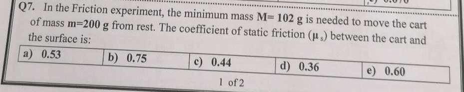 Solved Q7. In the Friction experiment, the minimum mass \\( | Chegg.com