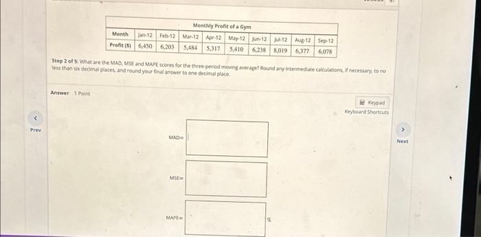 Solved Step 2 of 5. What are the MAD, MSE and MAPE scores | Chegg.com