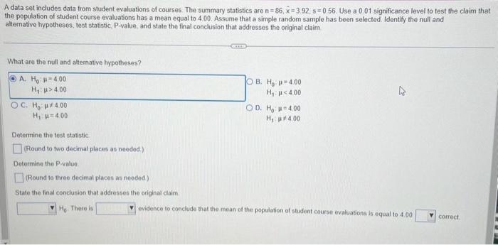Solved A data set includes data from student evaluations of | Chegg.com